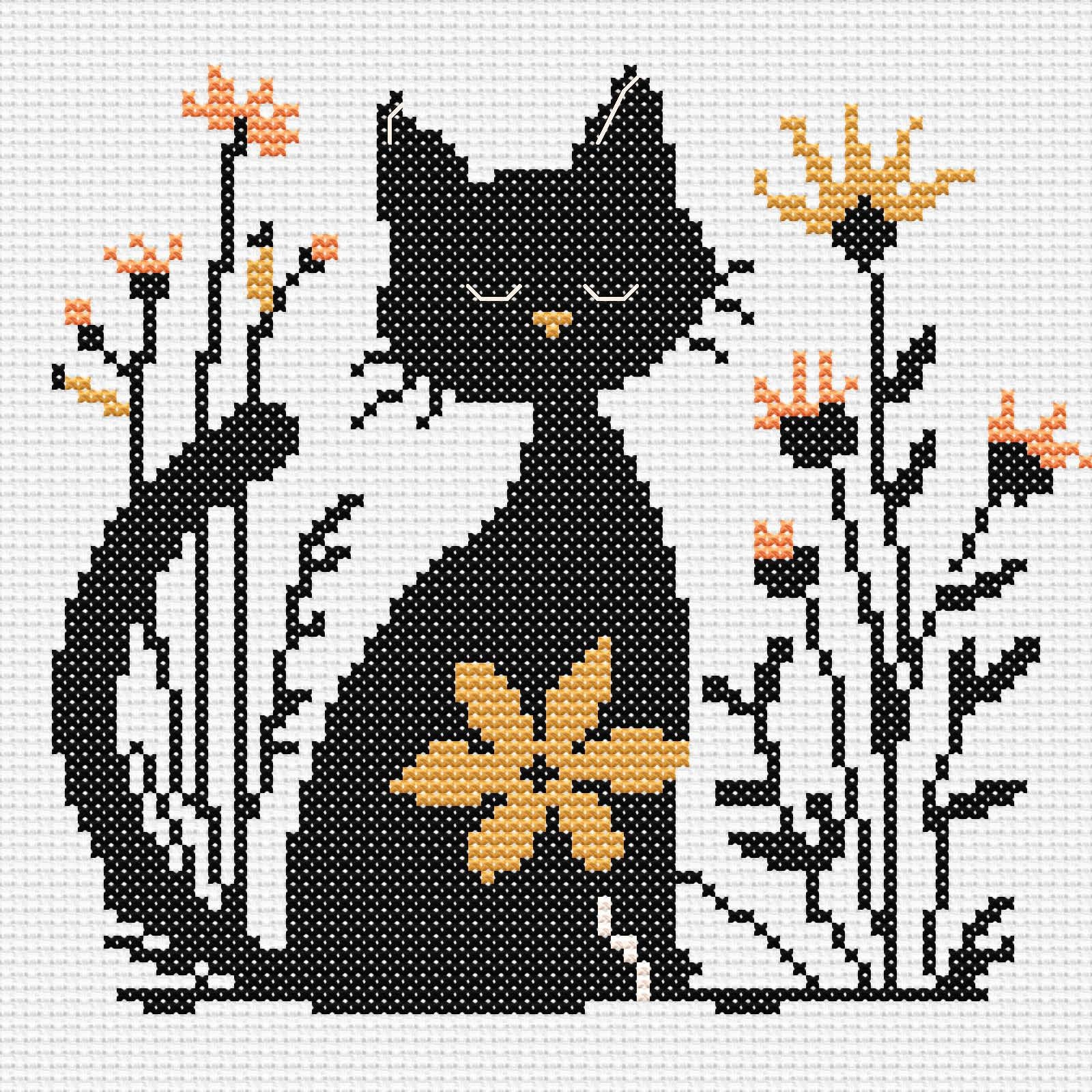 Black Cat With Flowers Cross Stitch Pattern, Animal Cross Stitch ...