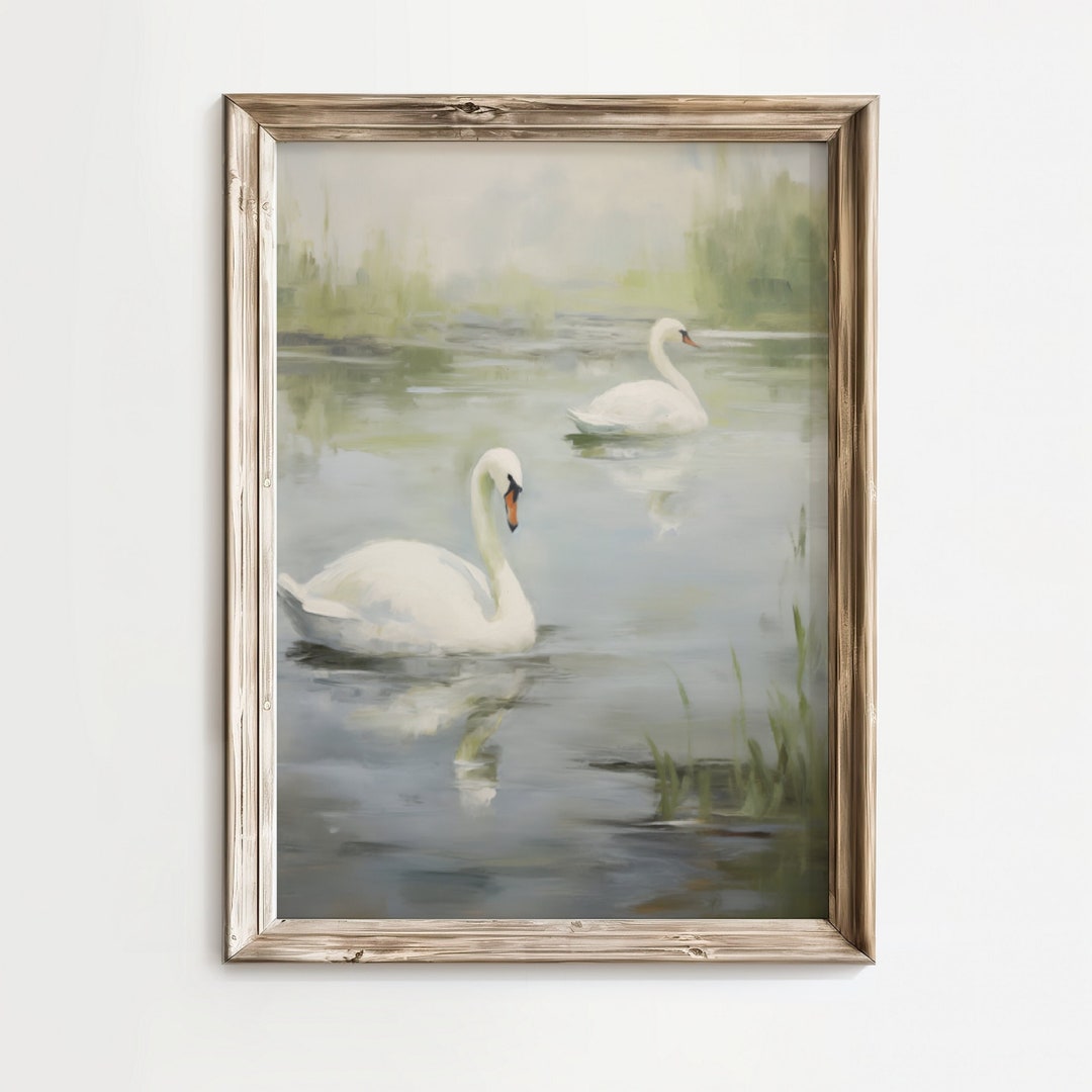 PRINTABLE Sage Green Oil Painting Swan Lake Minimalistic Vintage Print ...