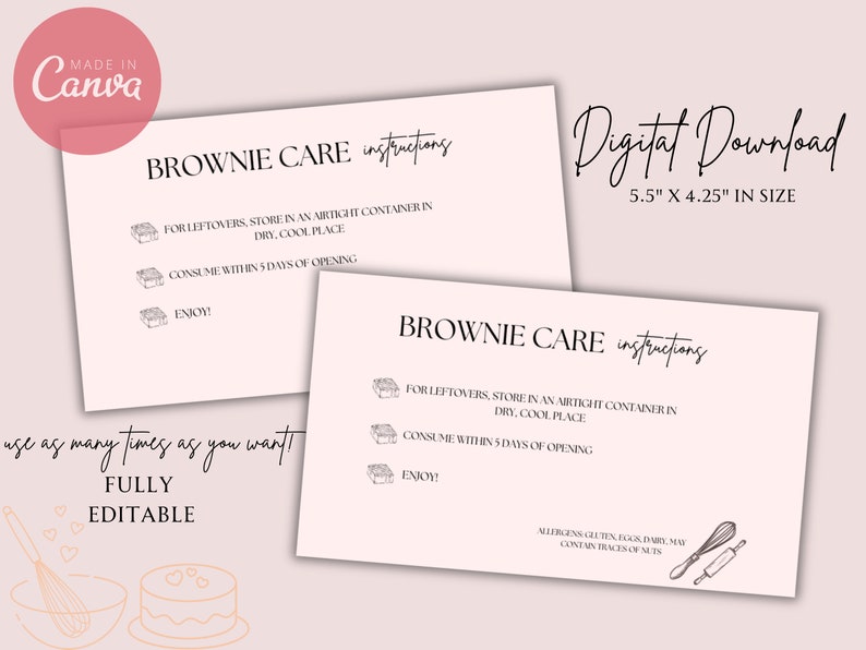 Brownie Care Template, Editable Cake Care Template, Customisable Cake ...