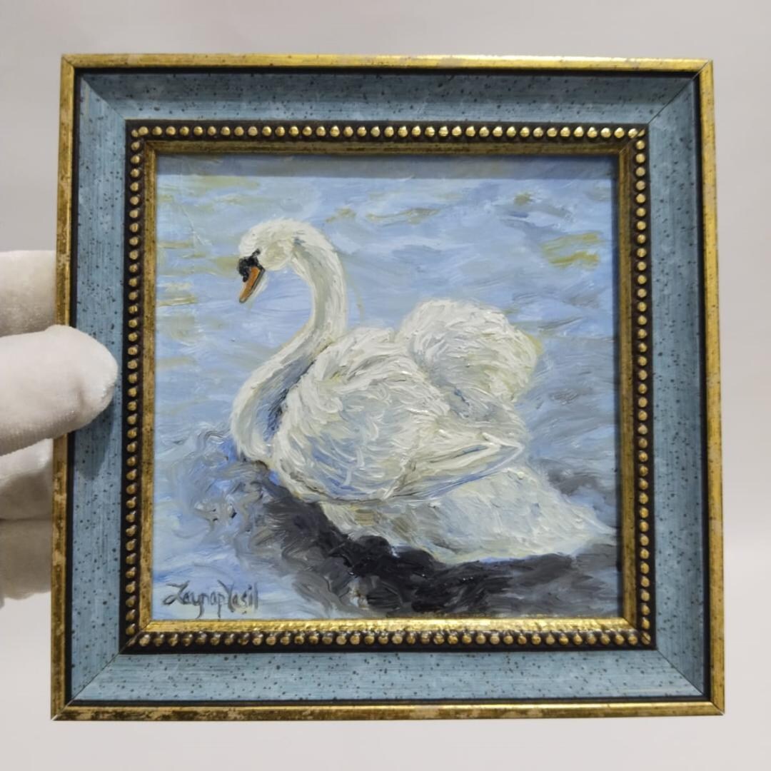 Swan Oil Painting White Swan Gift,mini Wall Decor Original Painting ...