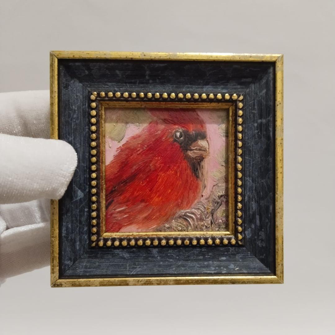 Red Bird Small Painting Frame Cardinal Oil Painting Original, Bird ...