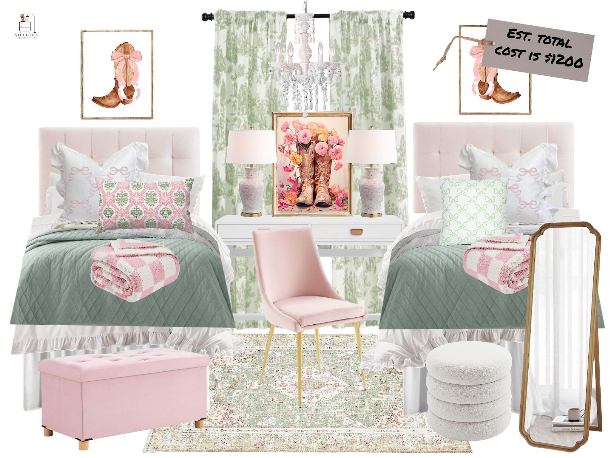 Green and Pink Love Shack Fancy Dorm Room Design - Etsy