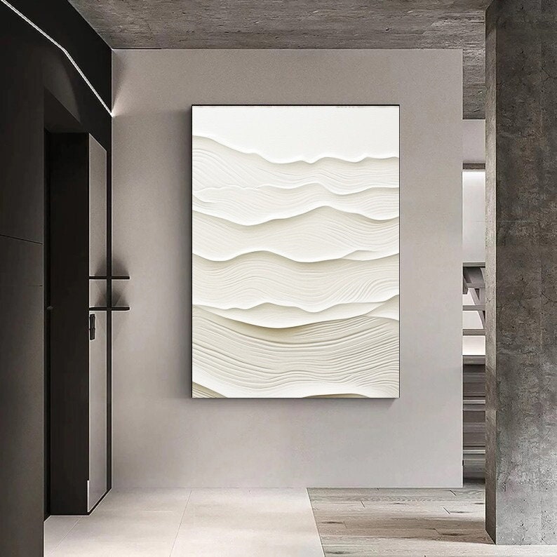 3D Abstract Oil Painting: Textured Wall Art, White Wave, Minimalist ...