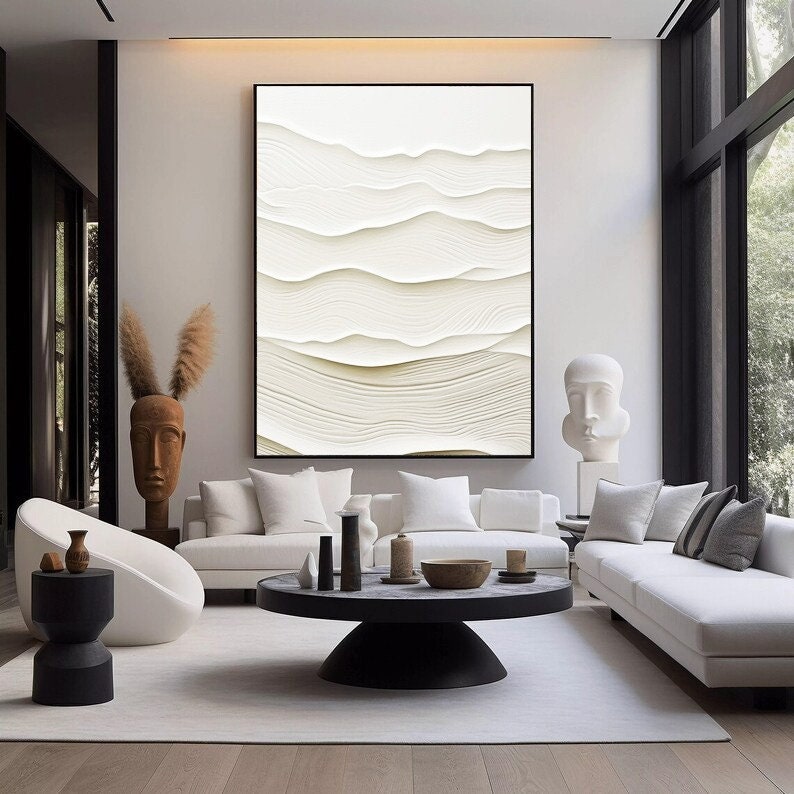 3D Abstract Oil Painting: Textured Wall Art, White Wave, Minimalist ...