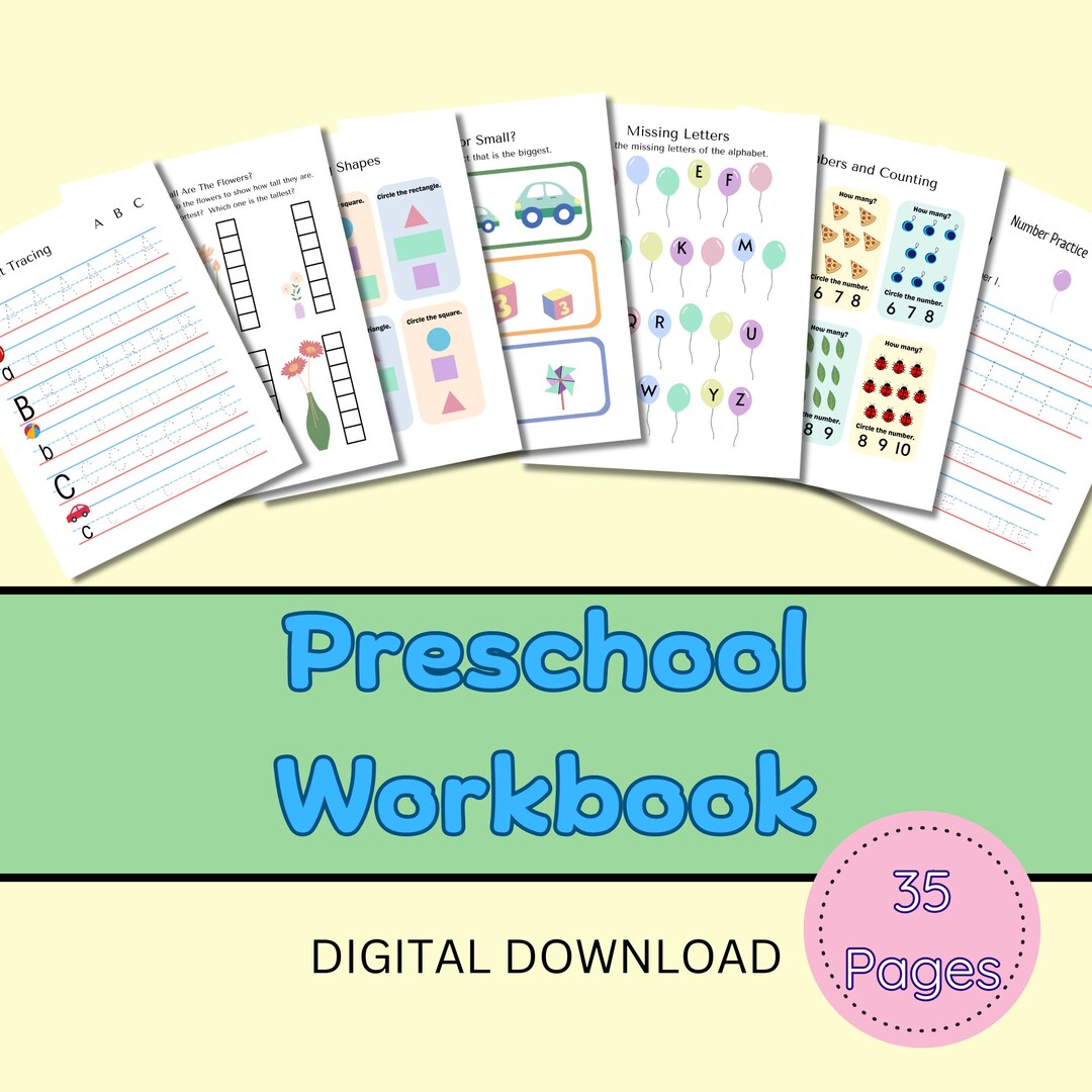 Preschool Workbook, Kindergarten Workbook, Printable, 35 Pages ...