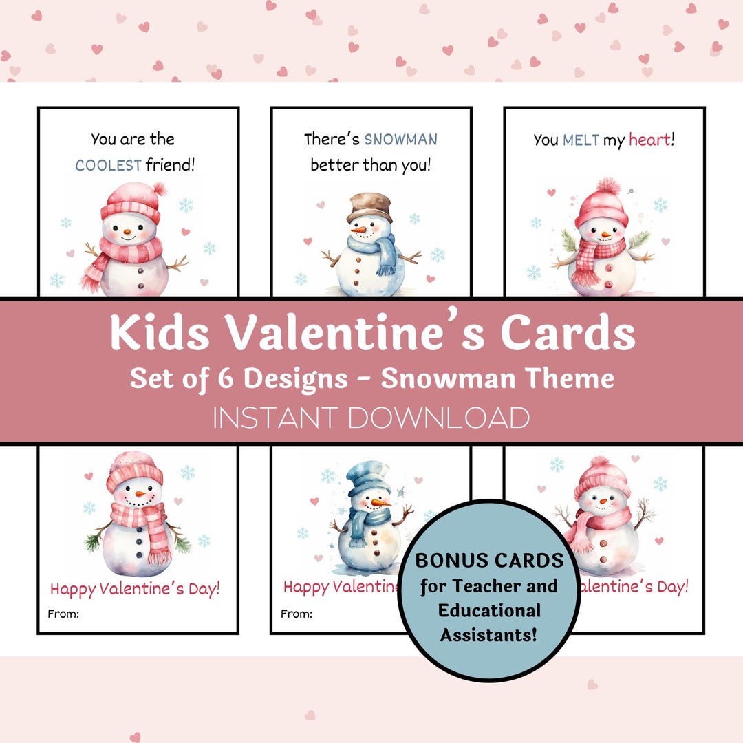 Kids Valentine's Day Cards, Cute Snowman Theme, Classroom Valentines ...