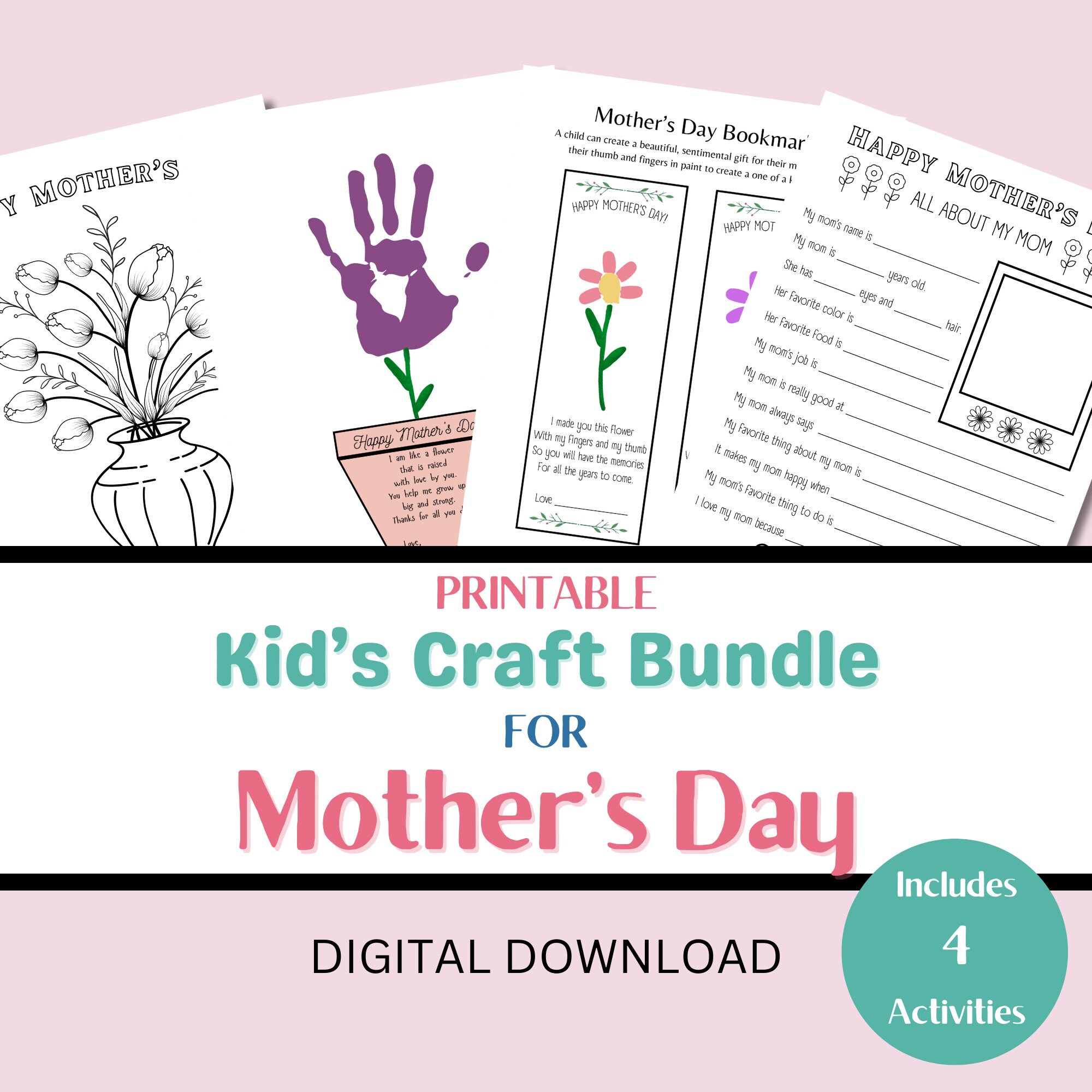 Mother's Day Printable Craft Bundle, 4 Pages, Mother's Day Bookmarks ...