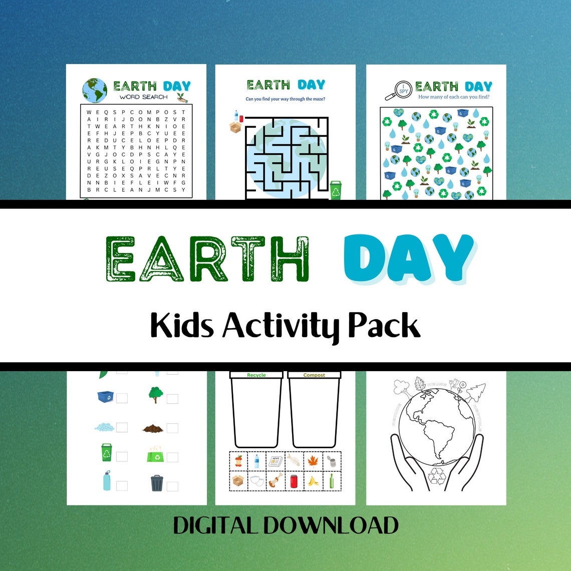 Earth Day Kids Activity Pack, 6 Pages, Coloring Page, Maze, Word Search ...