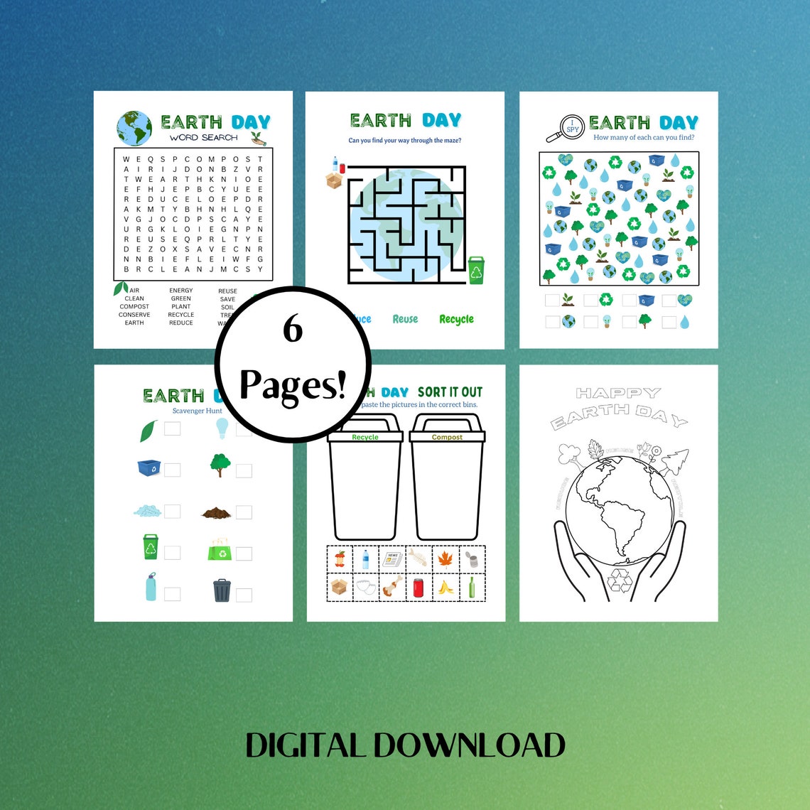 Earth Day Kids Activity Pack, 6 Pages, Coloring Page, Maze, Word Search ...