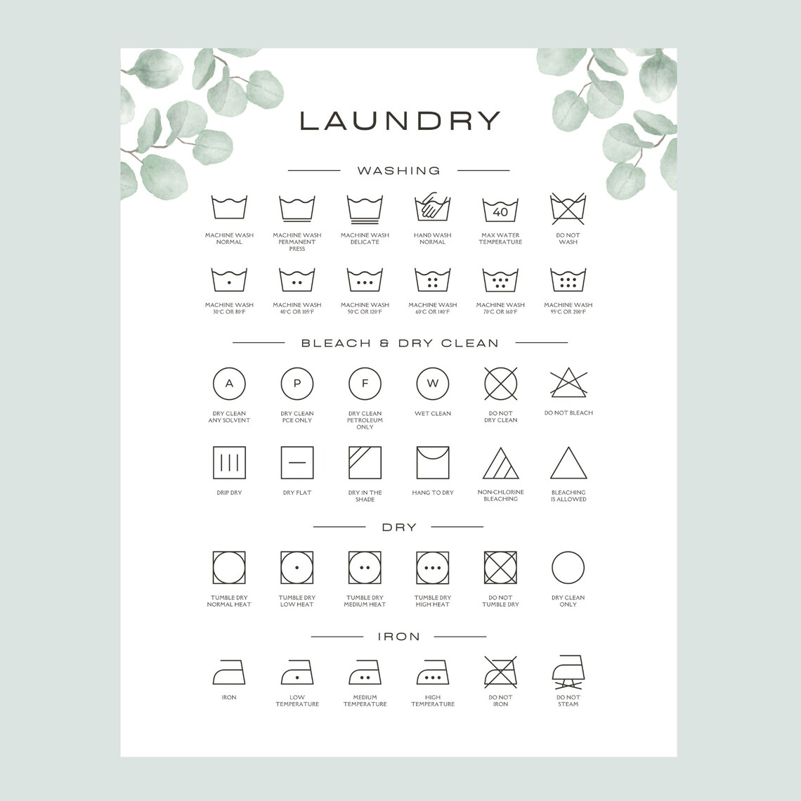 Laundry Symbols, Laundry Room Sign, With Eucalyptus Detail, Printable ...