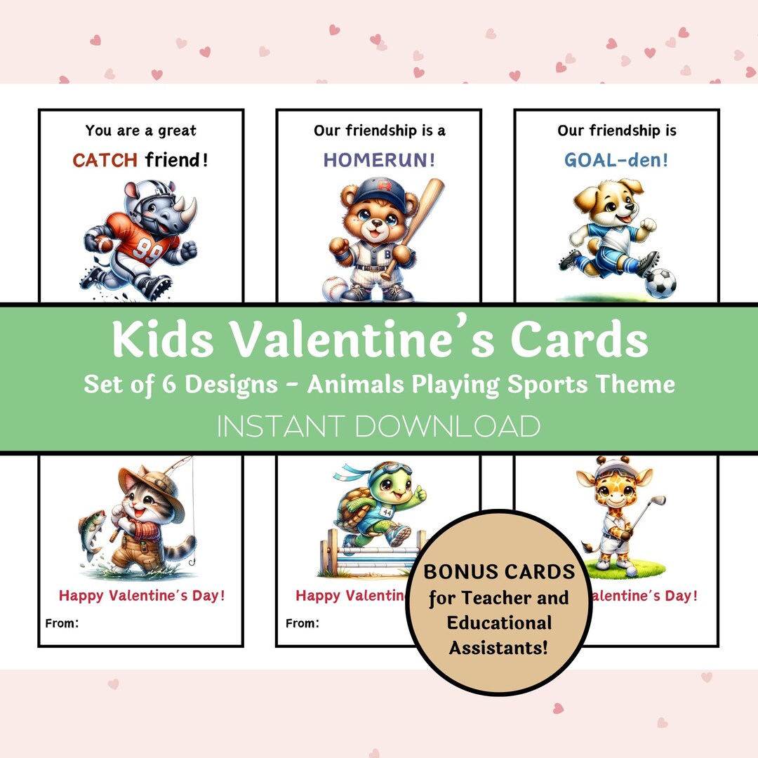Kids Valentine's Day Cards, Animals Playing Sports Theme, Classroom ...