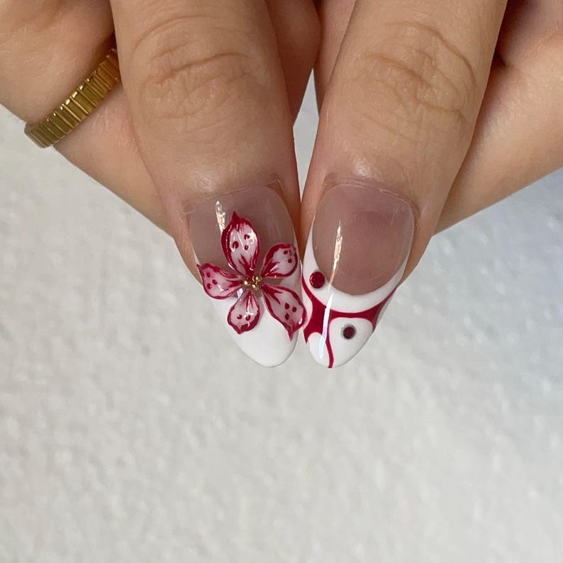 3D Red Floral Press-on Nails | 3D Handmade Customizable | Multicolor ...