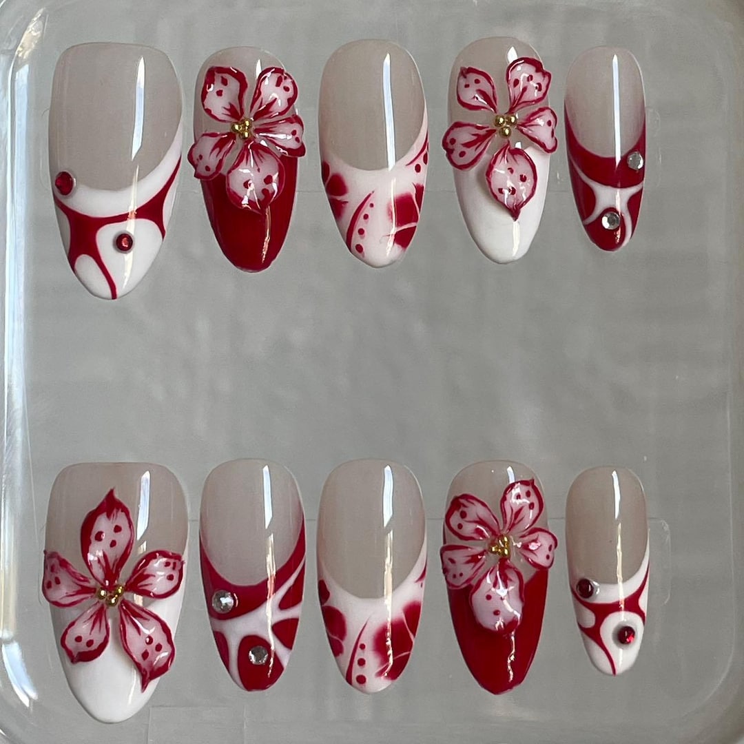 3D Red Floral Press-on Nails | 3D Handmade Customizable | Multicolor ...