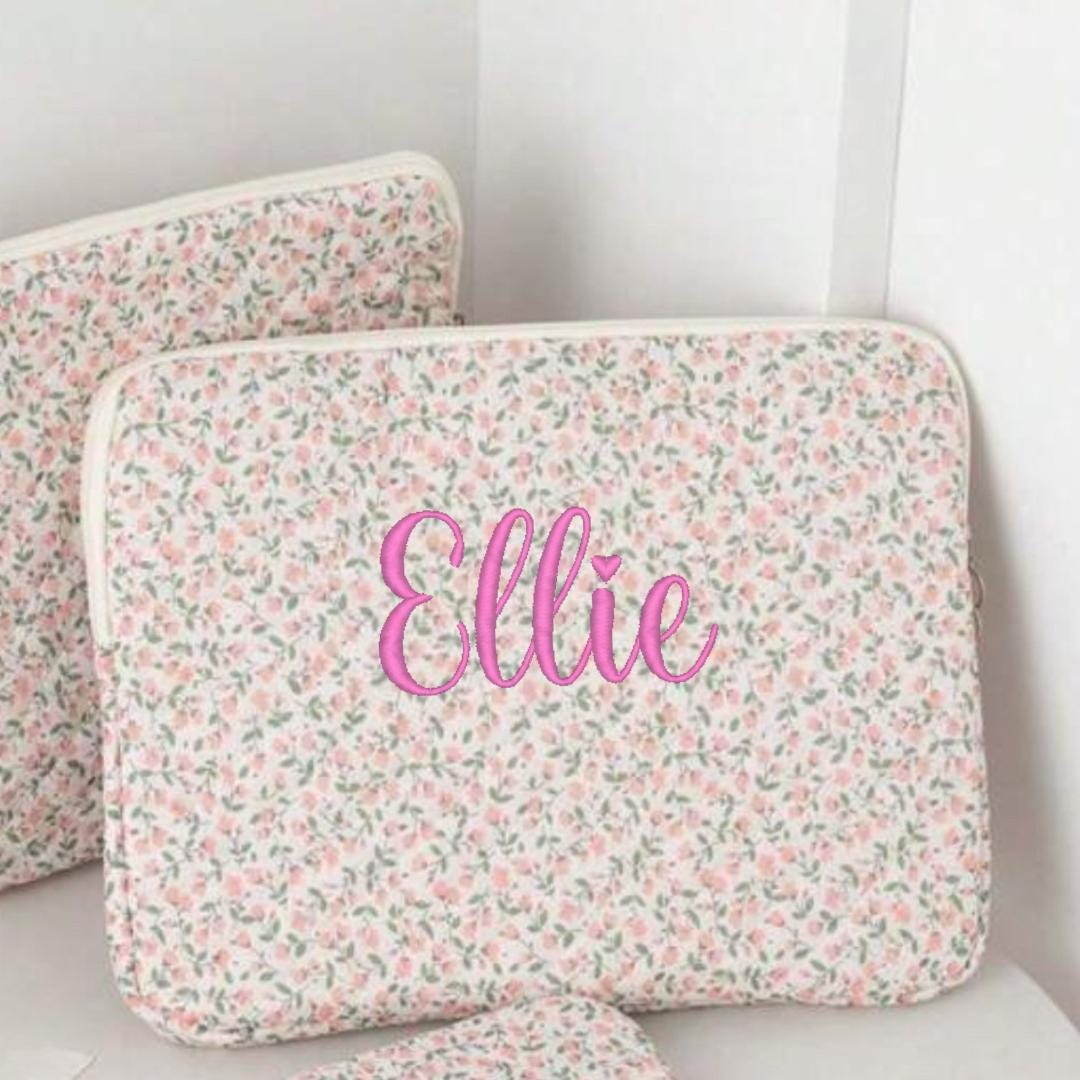Monogrammed Laptop Sleeve | Pink Floral Quilted Computer Case - Etsy