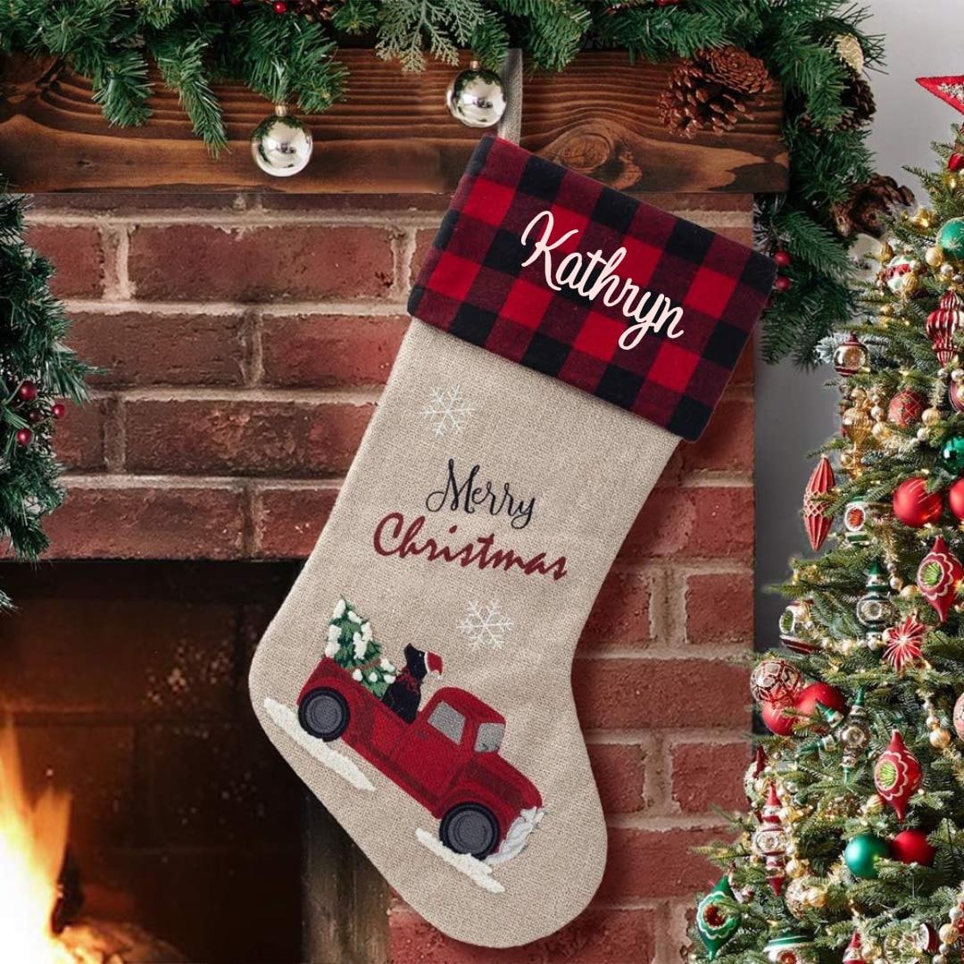 Farmhouse Red Truck Stocking Personalized Embroidered Name Holiday ...
