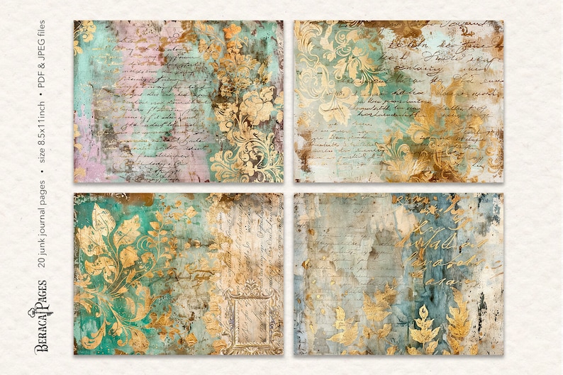 Golden Script Junk Journal, Gold Frames Digital Journal, Deco Printable ...