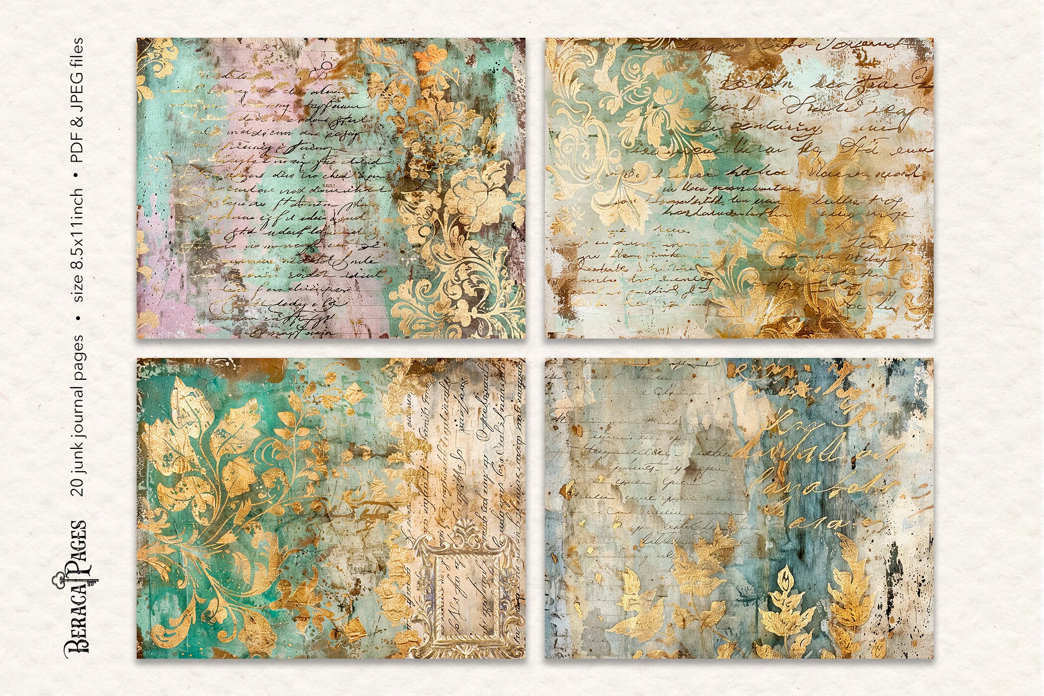 Golden Script Junk Journal, Gold Frames Digital Journal, Deco Printable ...