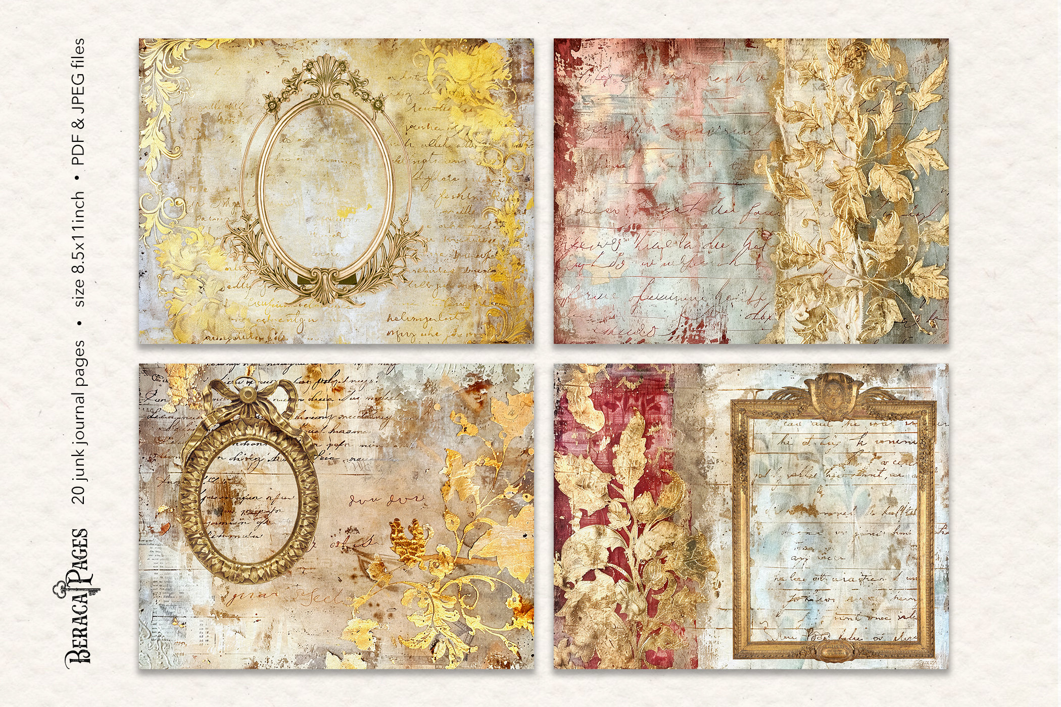 Golden Script Junk Journal, Gold Frames Digital Journal, Deco Printable ...