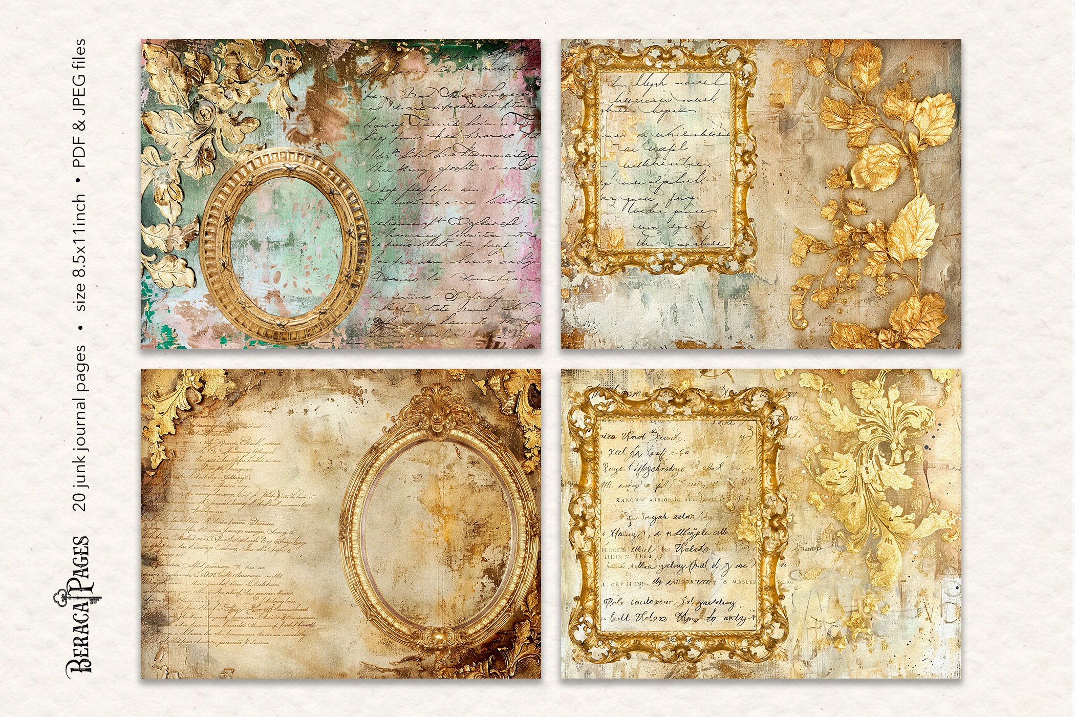 Golden Script Junk Journal, Gold Frames Digital Journal, Deco Printable ...