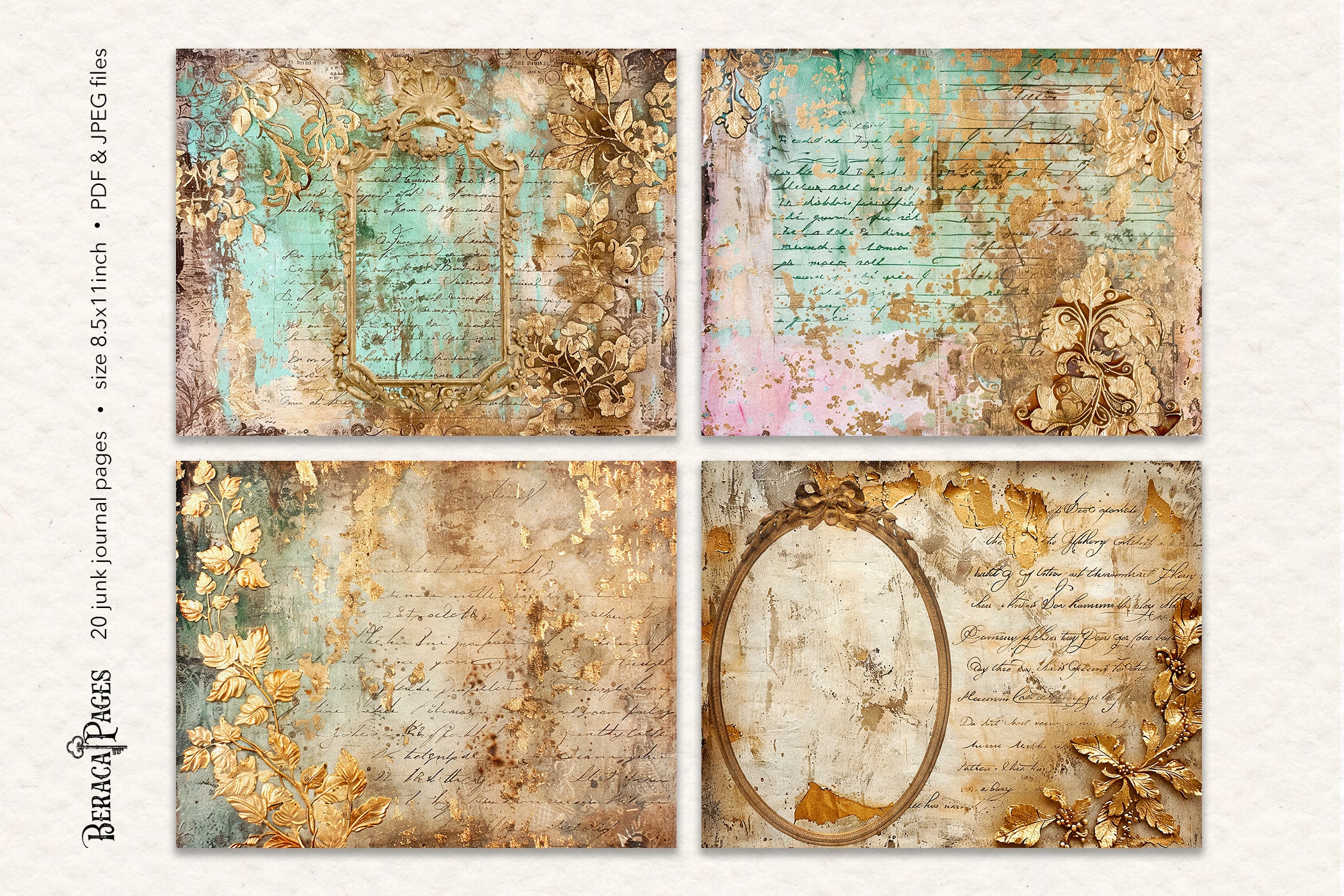 Golden Script Junk Journal, Gold Frames Digital Journal, Deco Printable ...