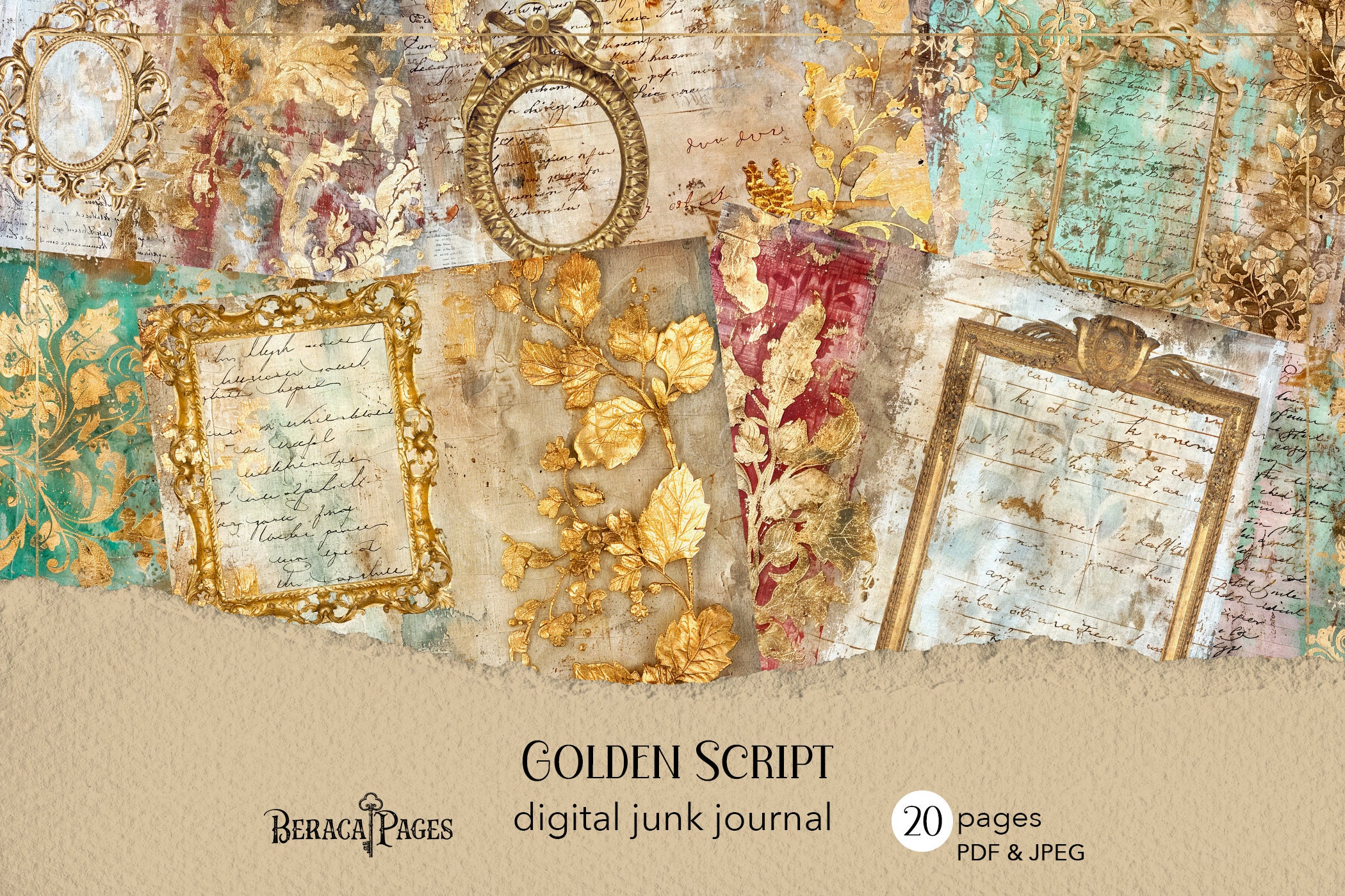 Golden Script Junk Journal, Gold Frames Digital Journal, Deco Printable ...
