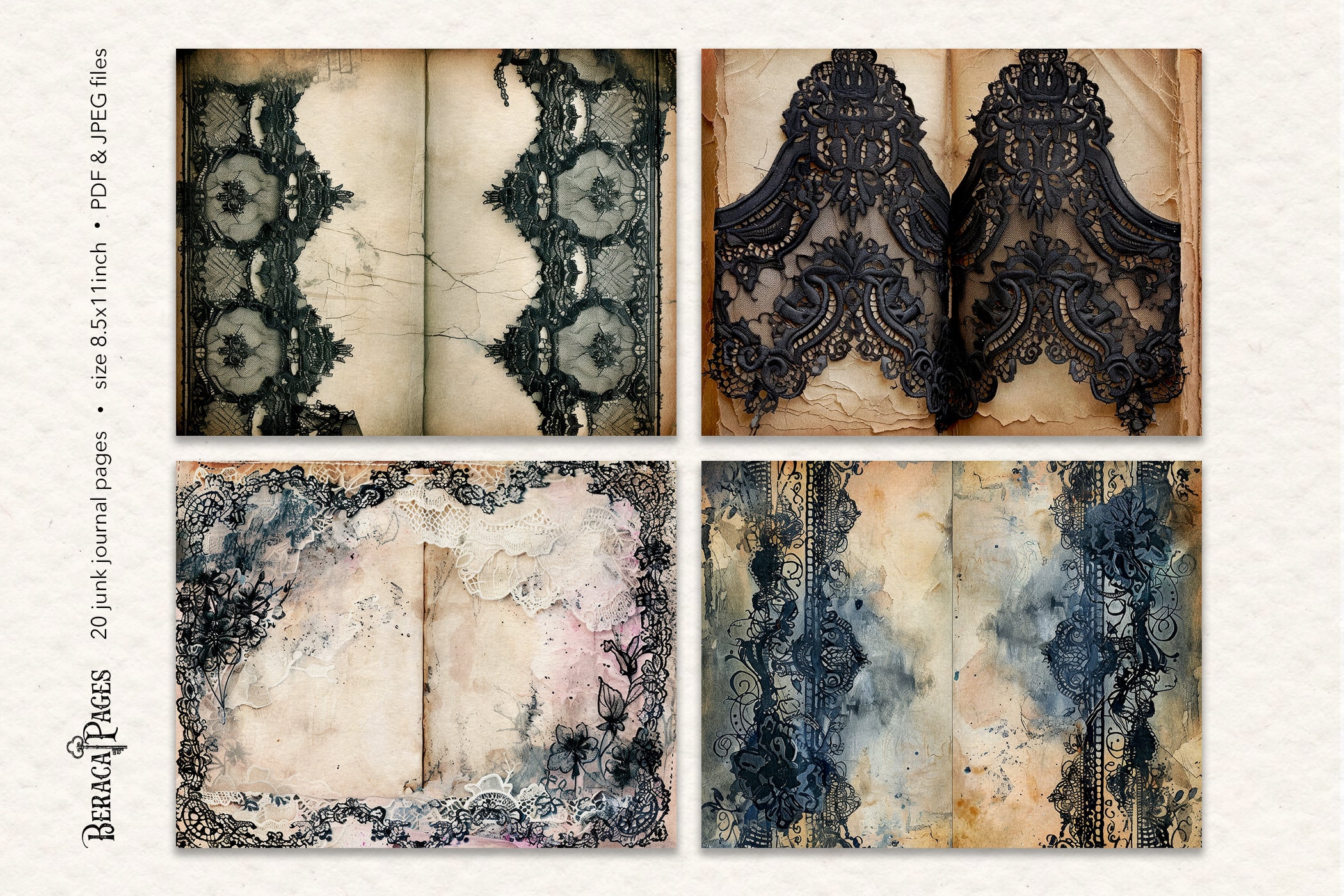 Black Lace Junk Journal Kit Vintage Lace Scrapbook Lace Printable Pages ...