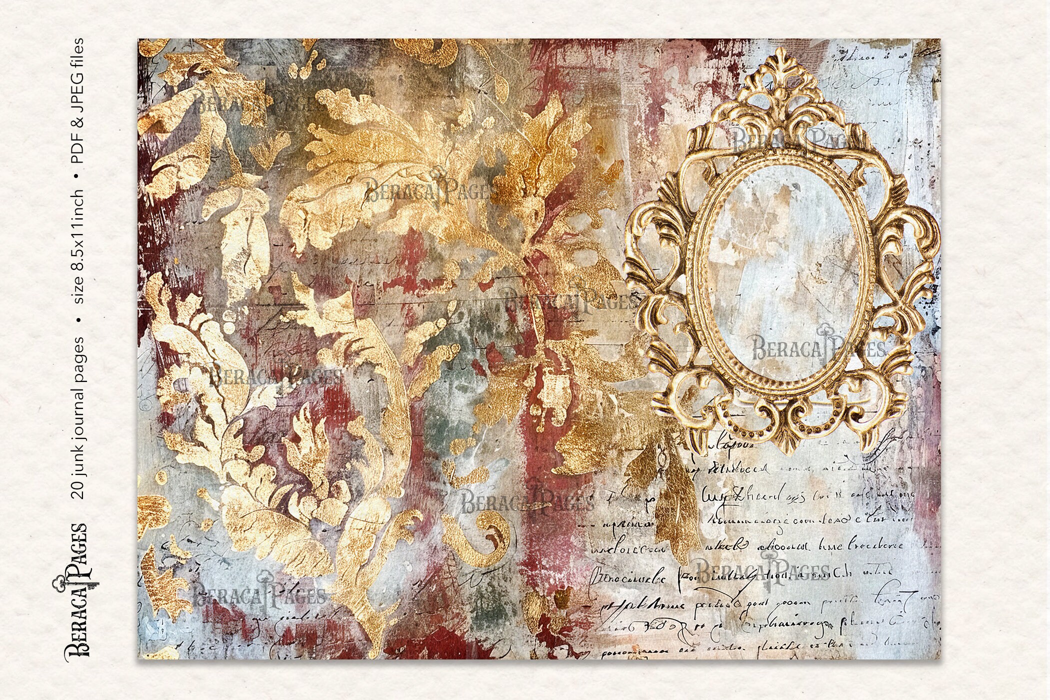 Golden Script Junk Journal, Gold Frames Digital Journal, Deco Printable ...