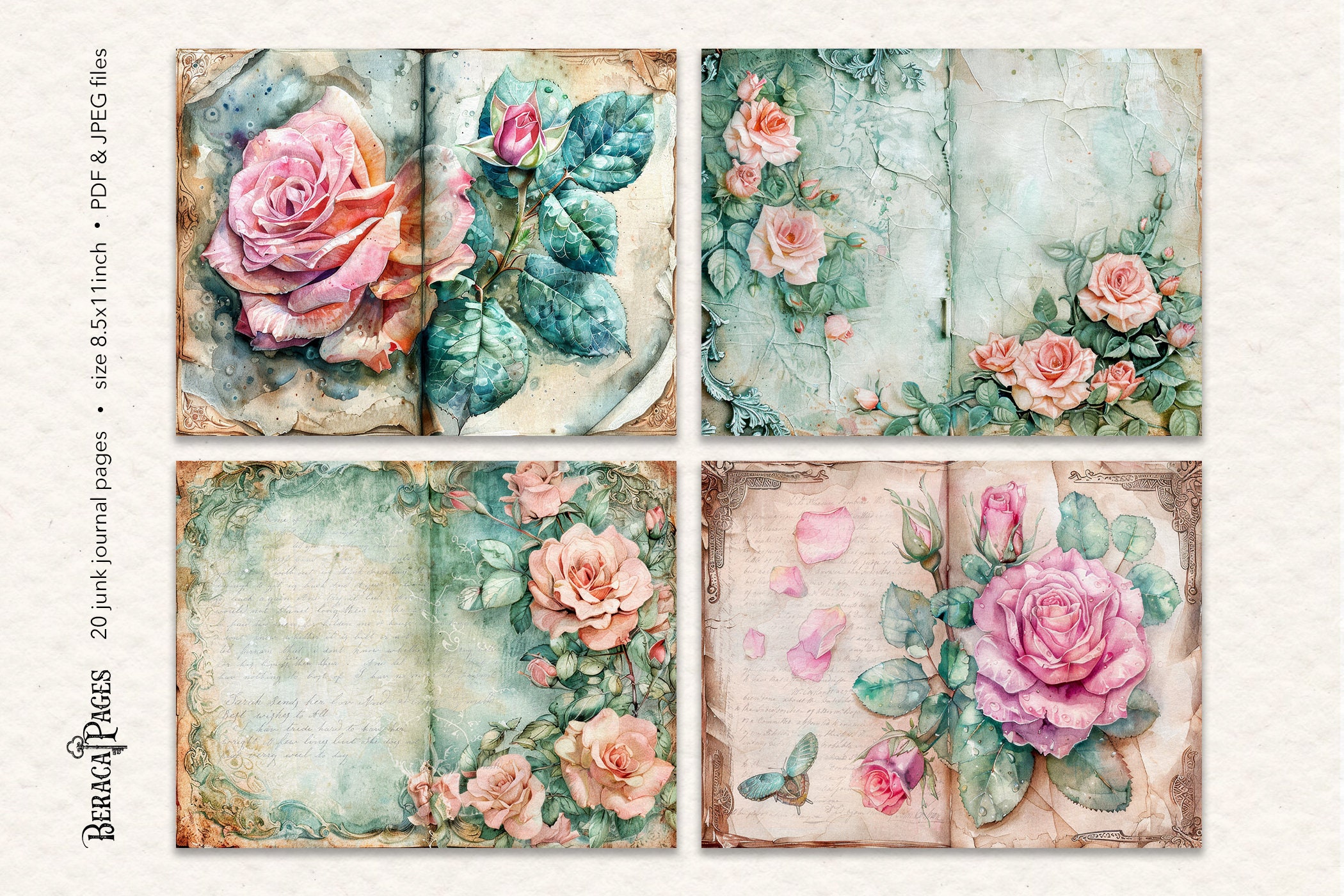 English Rose Junk Journal, Shabby Chic Digital Journal, Printable Rose ...