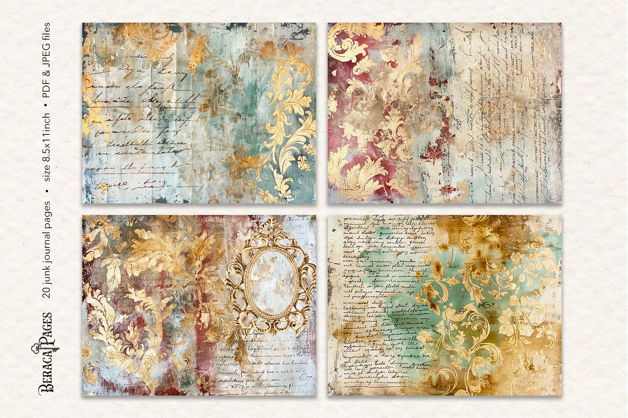 Golden Script Junk Journal, Gold Frames Digital Journal, Deco Printable ...