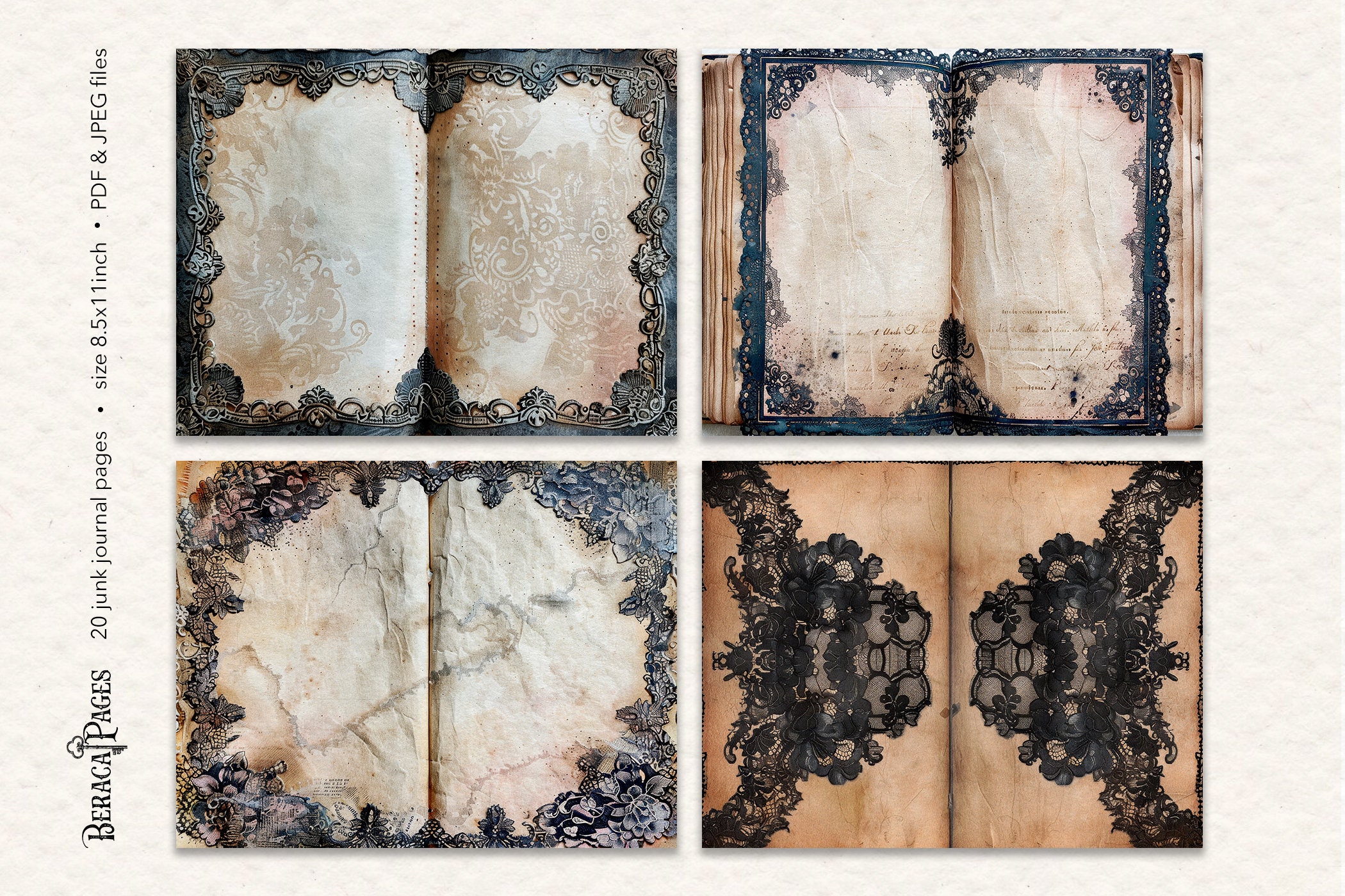 Black Lace Junk Journal Kit Vintage Lace Scrapbook Lace Printable Pages ...