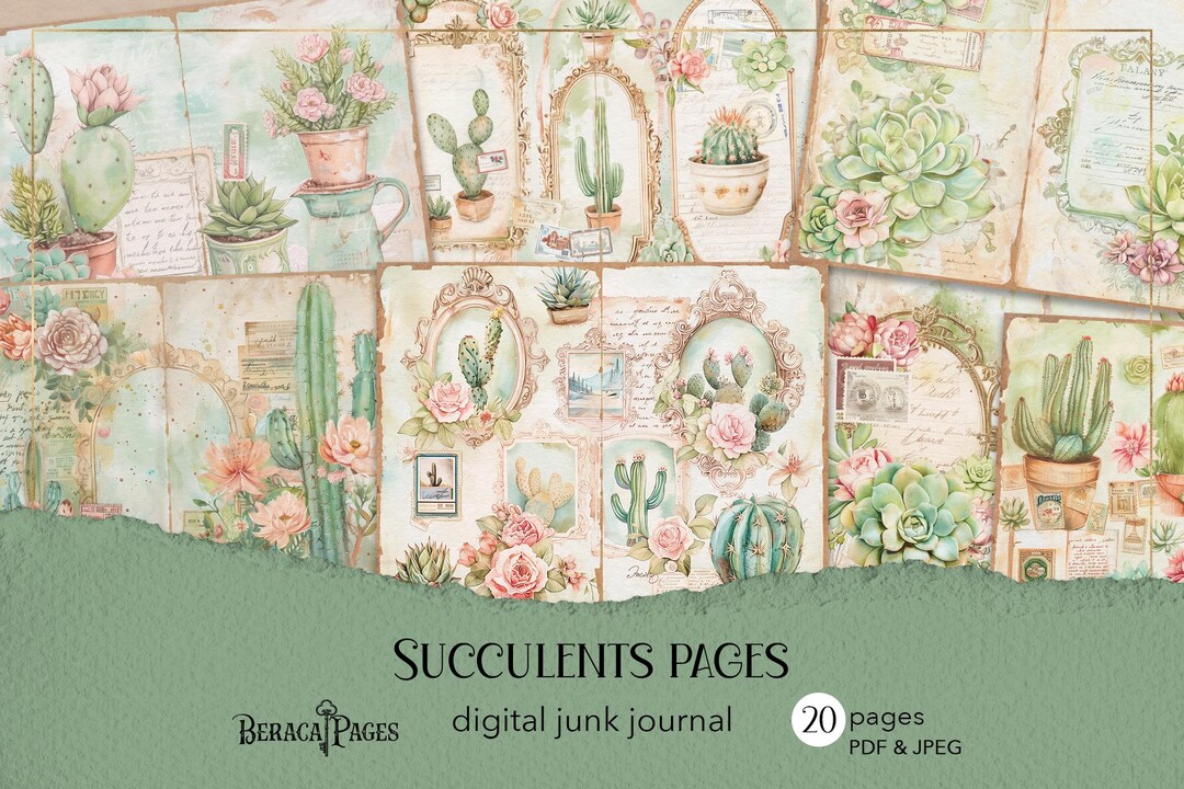 Succulents Junk Journal, Pastel Cacti Journal, Plant Lover Gift, Plants Scrapbook Paper, Cactus ...