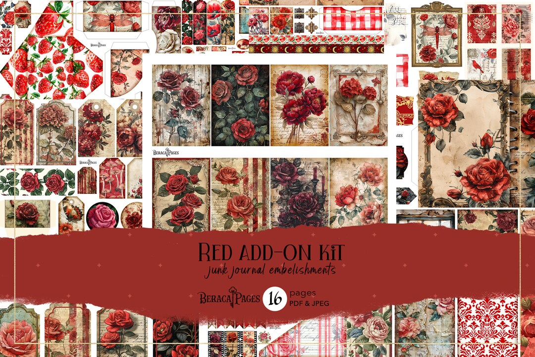 Red Add-on Kit, Red Rose Junk Journal Ephemera, Printable Scrapbook ...