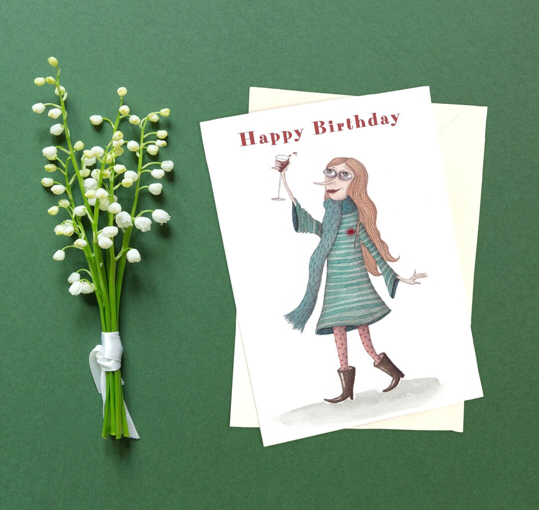 Happy Birthday Greeting Card Wine Girl Fun - Etsy