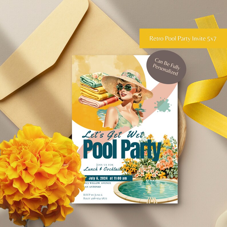 Retro Pool Party Invitation | Summer Party | Vintage Party | Swimming ...