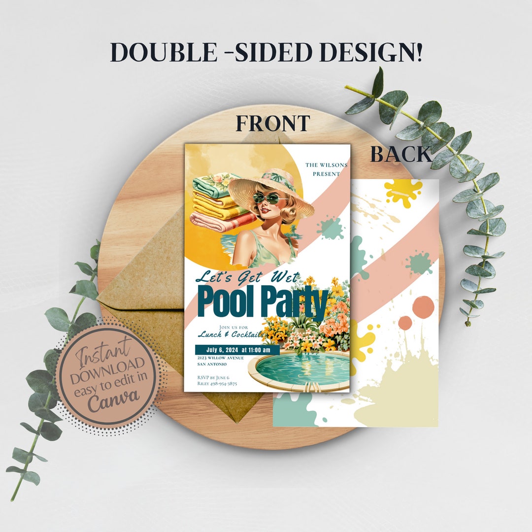 Retro Pool Party Invitation | Summer Party | Vintage Party | Swimming ...