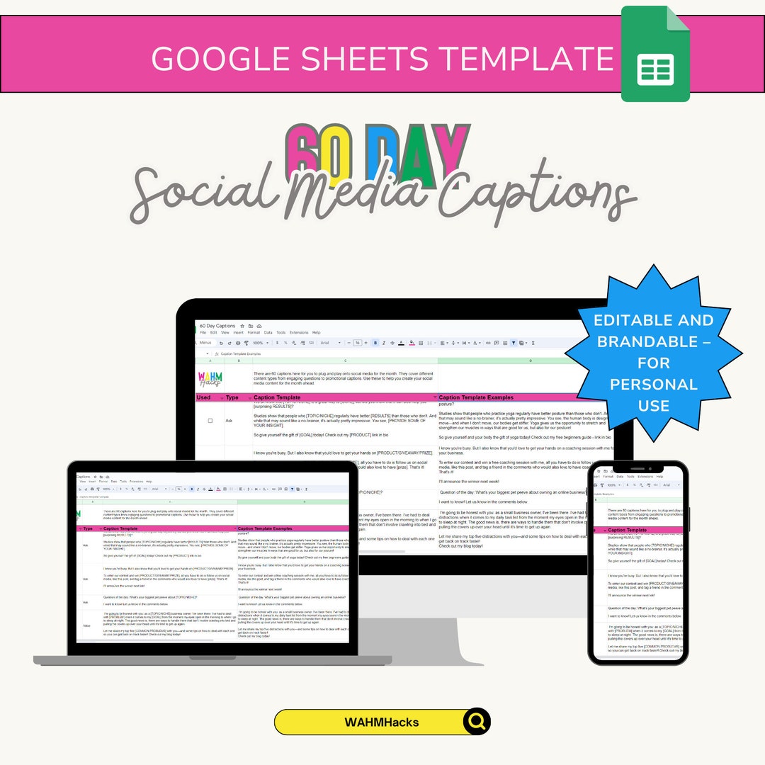 60-day Social Media Captions: Google Sheets Template (digital Download ...