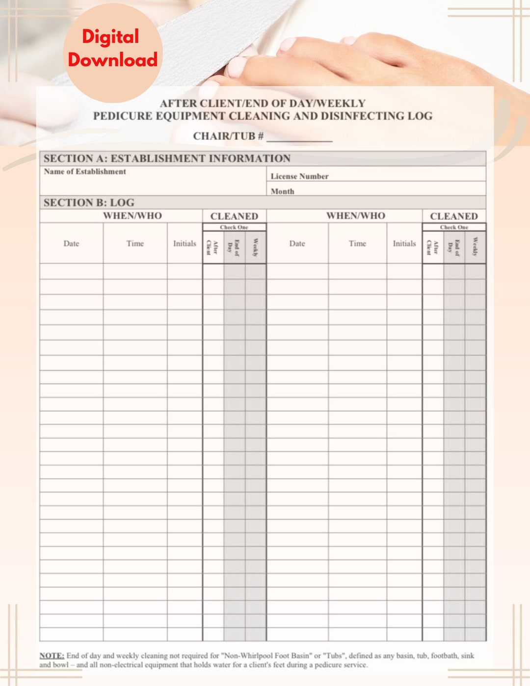 Pedicure Cleaning Log for Salon Cleaning Planner Log Printable . - Etsy