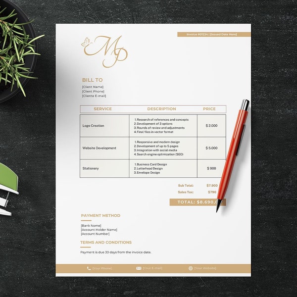 Editable Small Business Invoice, Receipt Form Template, Minimalist Bill ...