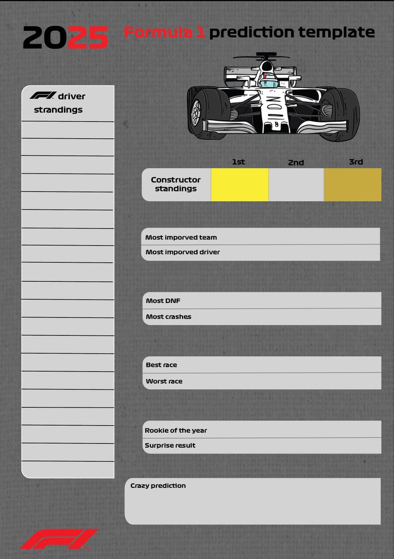 Formula 1 Prediction Template - Etsy