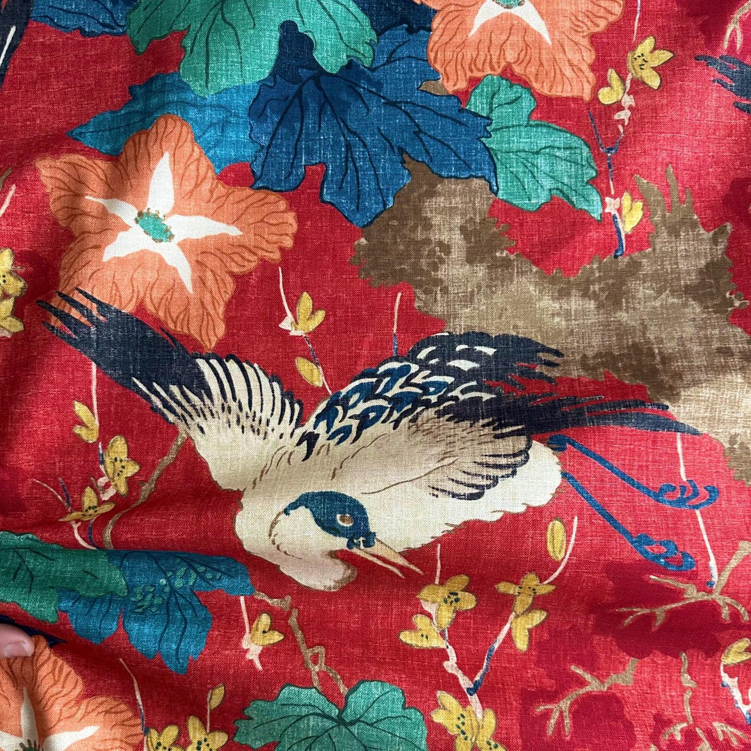 Red Crane Patterned Fabric Crimson Bird Large Scale Cotton Teal Leaves ...