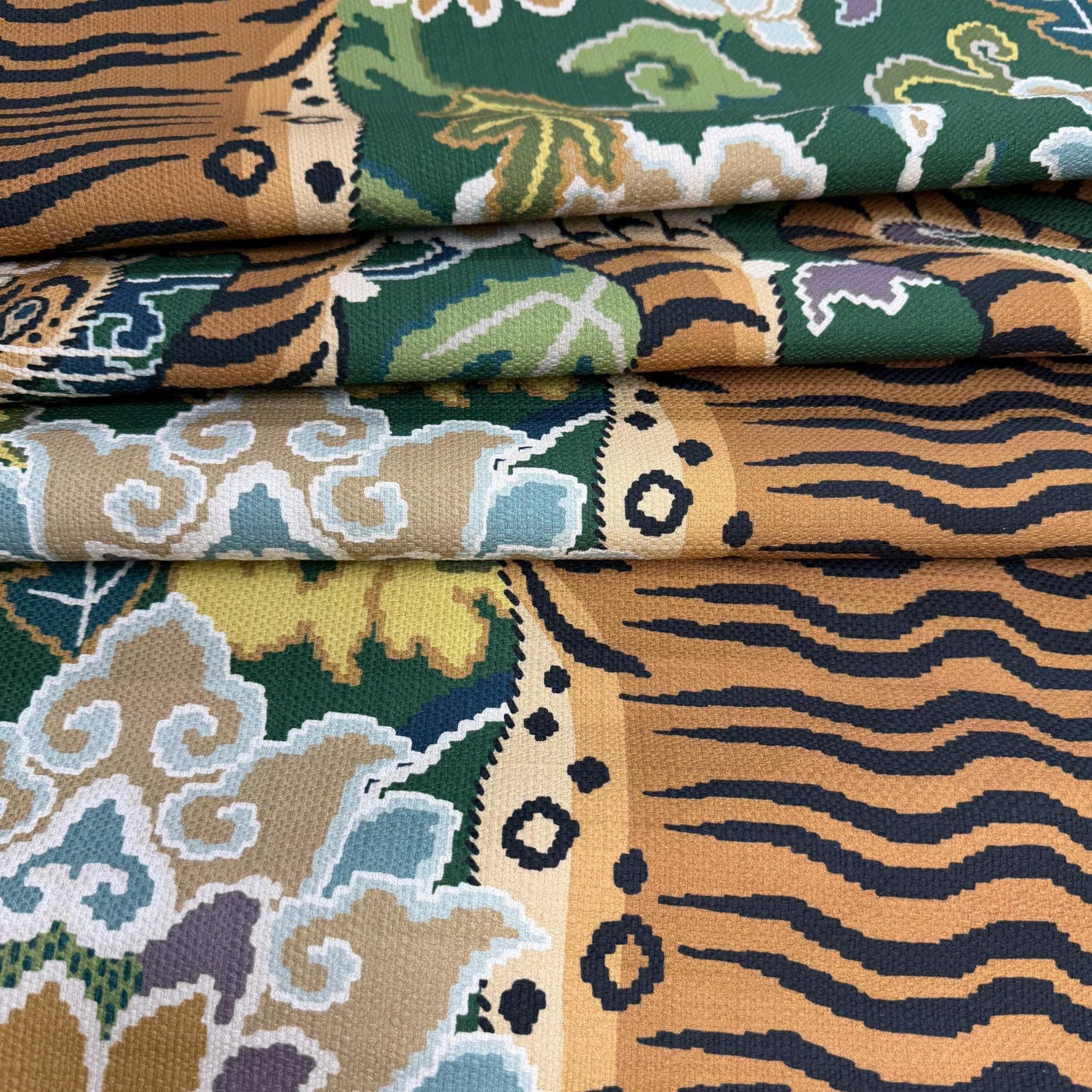 Emerald Green Tiger Chinoiserie Fabric Upholstery Cotton Textile ...