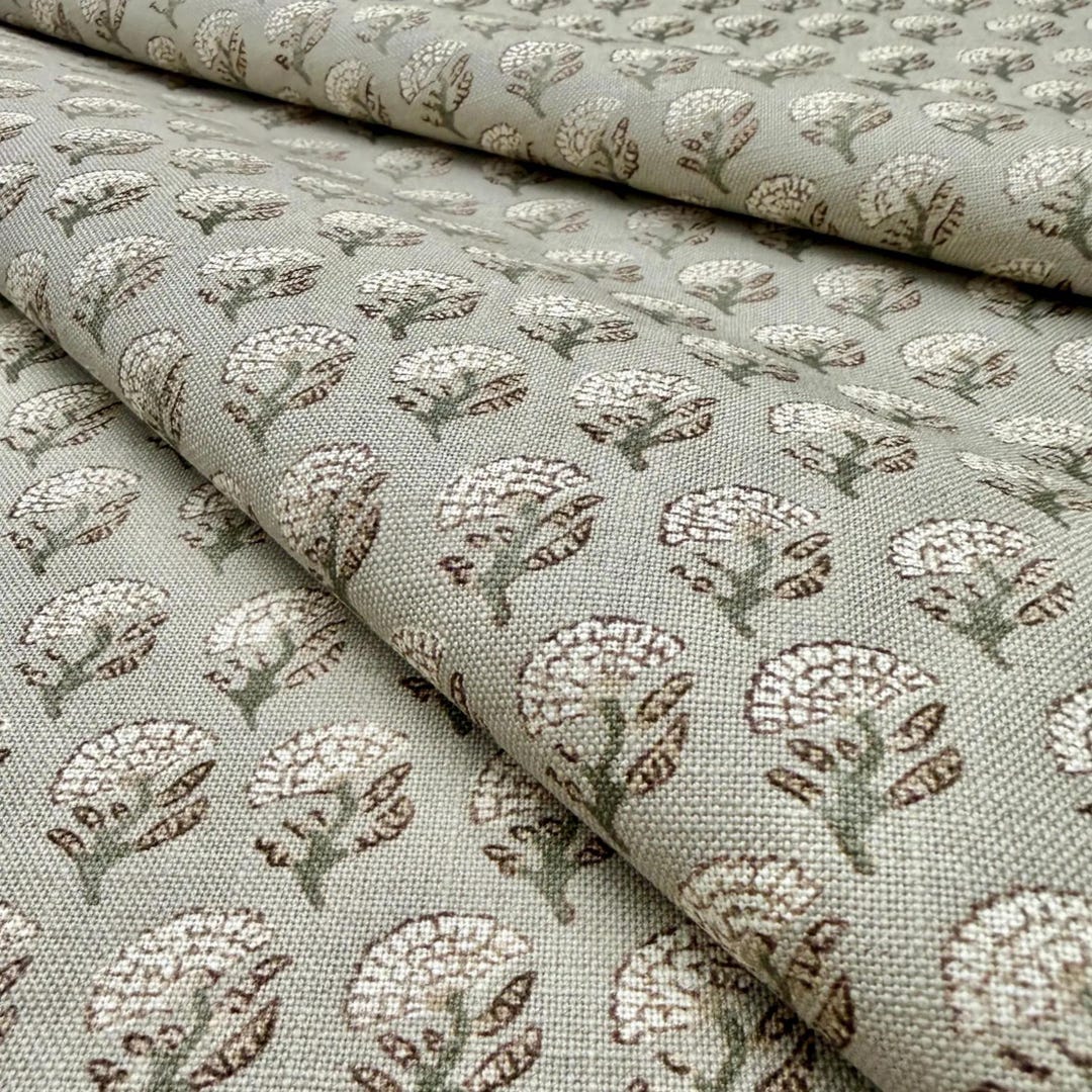 Mini Flower Block Print Light Green Fabric Small Botanical Motif ...