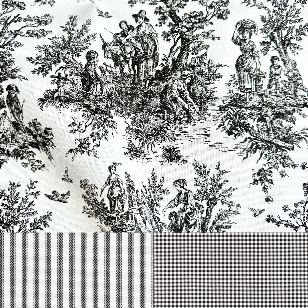 Black Toile Fabric Gingham Black Ticking Stripe Coordinating Pattern ...