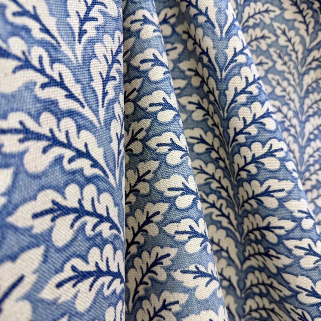 French Blue Botanical Fabric by the Yard Chateaucore Linen Look Cotton ...