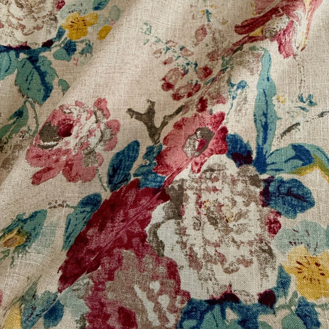 Floral Linen Fabric Bouquet Print Drapery Yardage Textile Vintage ...