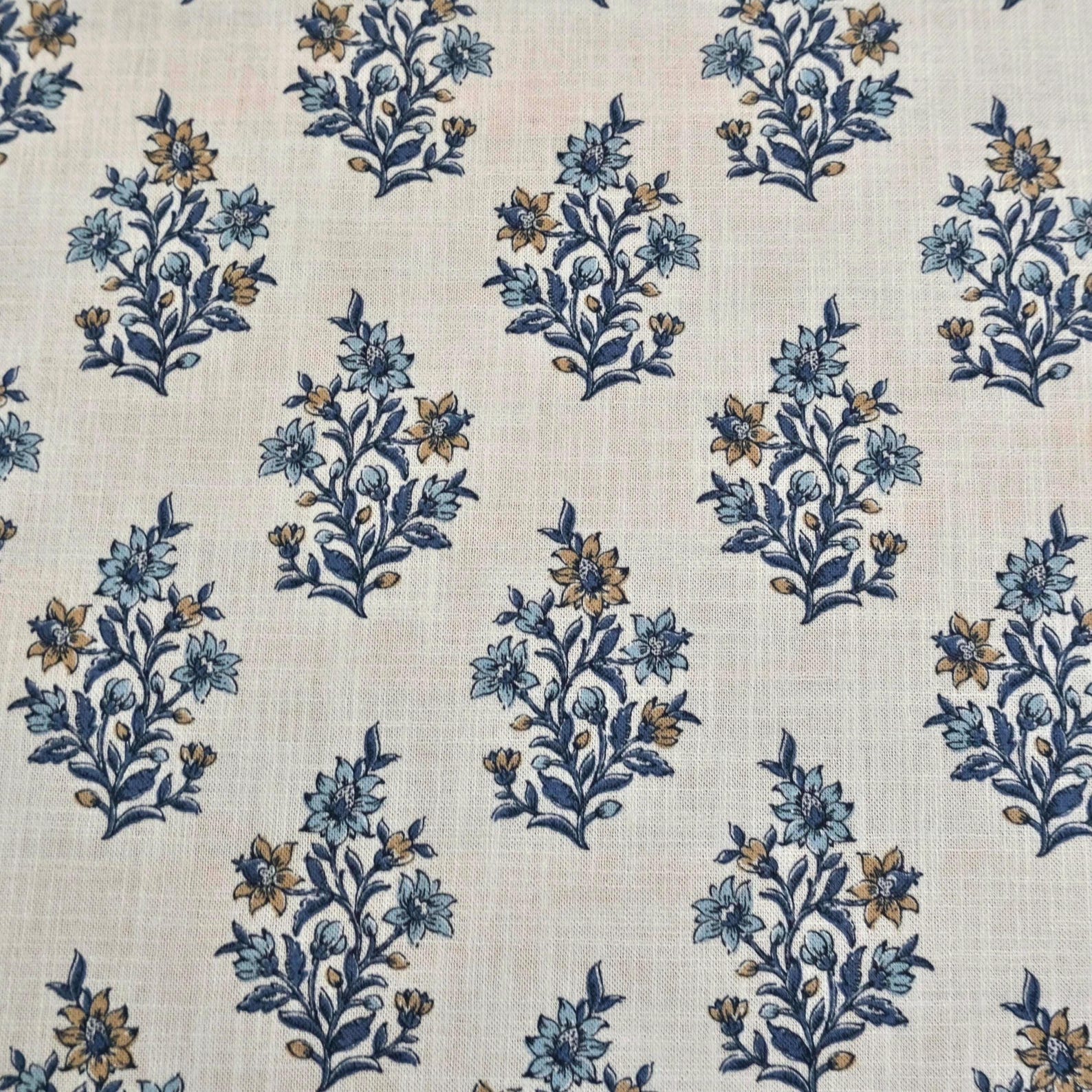 Blue Floral Block Print Fabric Drapery Interior French Blue Patterned ...