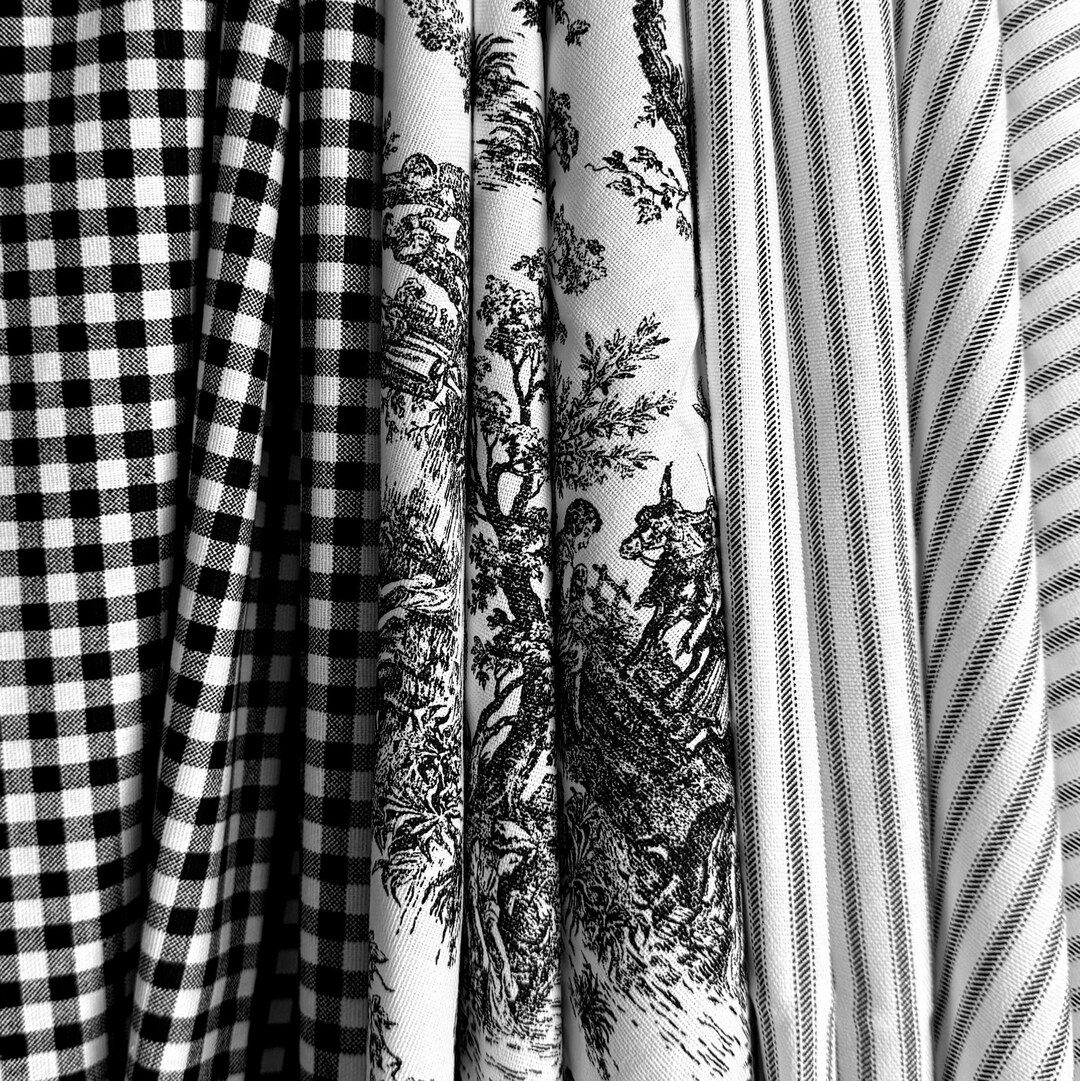 Black Toile Fabric Gingham Black Ticking Stripe Coordinating Pattern ...