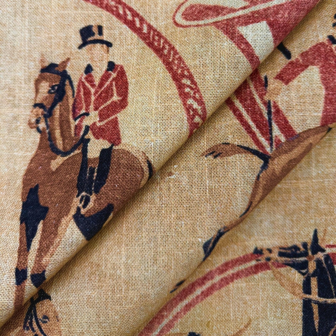 Edwardian Style Fabric Yardage Red Equestrian Linen Blend Textile ...