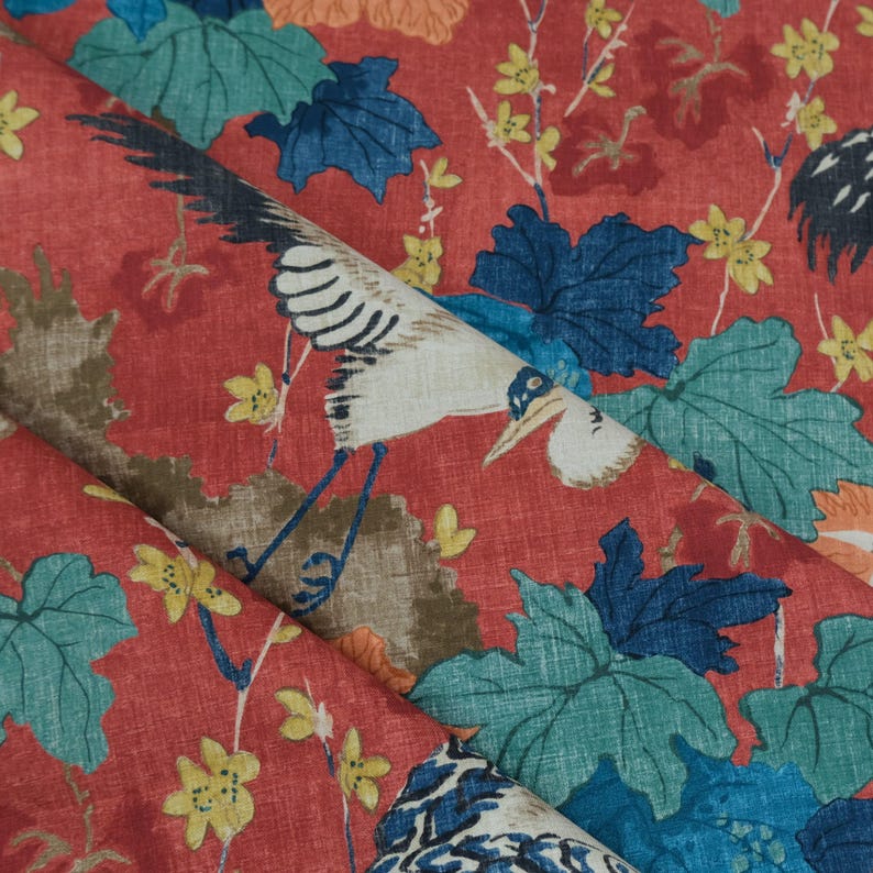 Red Crane Patterned Fabric Crimson Bird Large Scale Cotton Teal Leaves ...