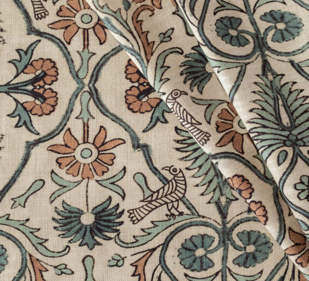 Whimsical Pattern Drapery Fabric Floral Vine Bird Print Fabric Coral Aquamarine Upholstery ...